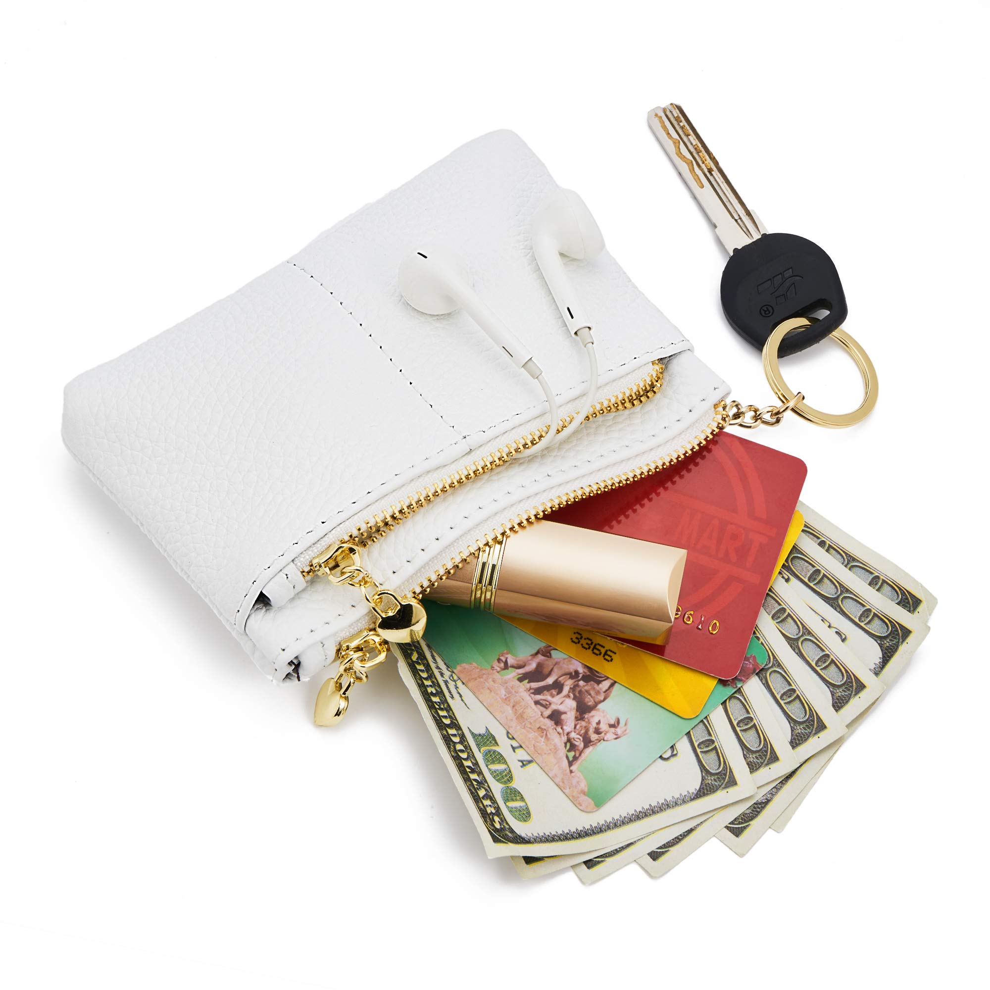 ZOOEASS Coin Purse Women Genuine Leather Zip Mini Purse With Key Ring Triple Zipper Card Holder Wallet (White)