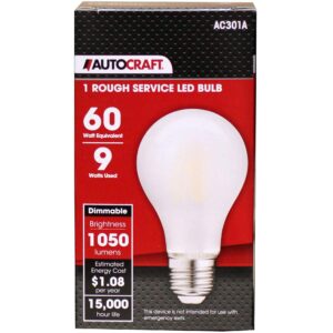 autocraft a19 long-life led dimmable service shop light bulb - 9 watts (60w equivalent) 120 vac, 1050 lumens, 15,000 hour lifetime, long lasting brightness, universal fit, ideal for shops & garages