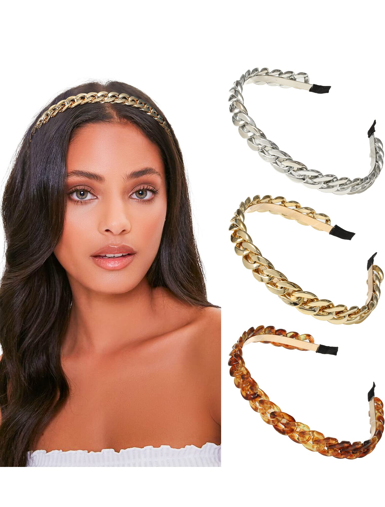 AWAYTR Hairband, 3PCS Chained Reactions Headband for Women Girls - Resin-Gold/Resin-Silver/Resin-Amber