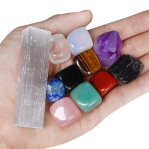 11 pcs mimosa chakra stones healing crystals stone, amethyst elestial, black tourmaline&selenite