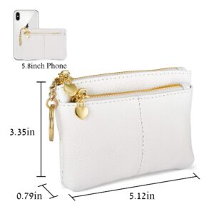 ZOOEASS Coin Purse Women Genuine Leather Zip Mini Purse With Key Ring Triple Zipper Card Holder Wallet (White)