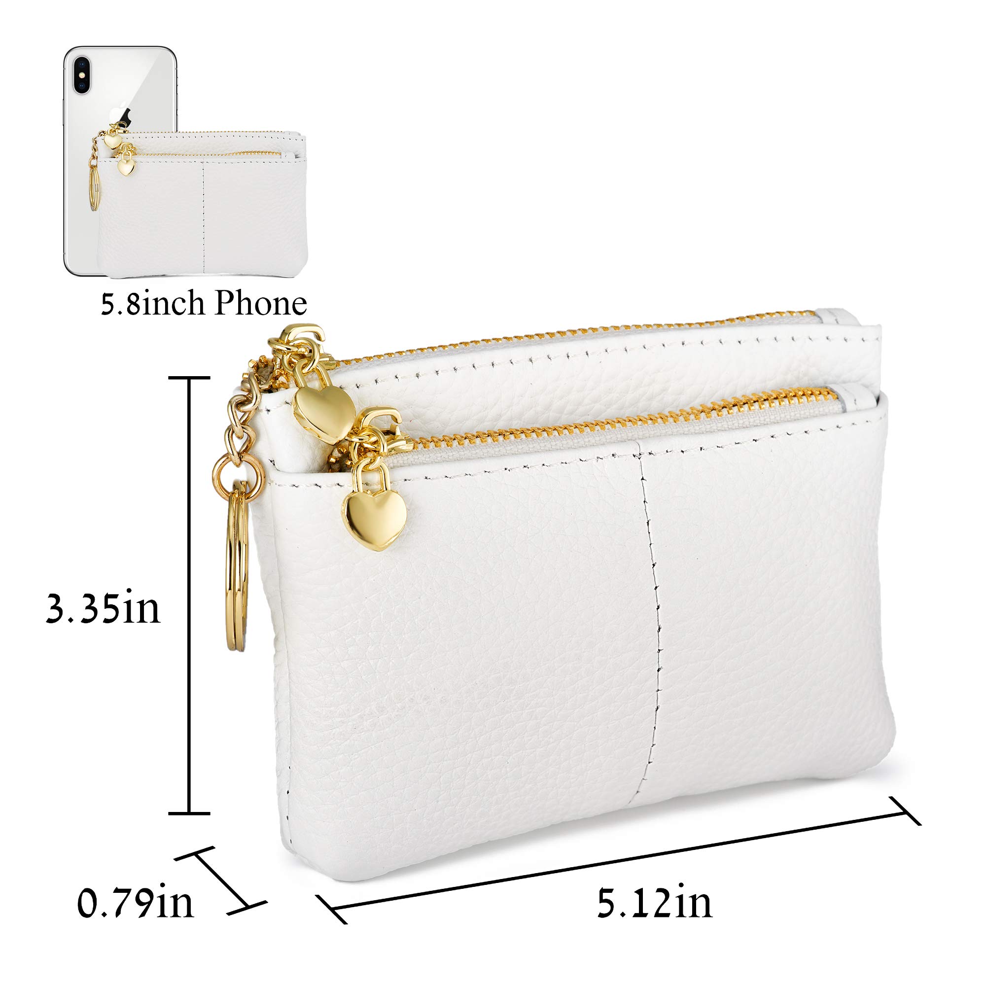 ZOOEASS Coin Purse Women Genuine Leather Zip Mini Purse With Key Ring Triple Zipper Card Holder Wallet (White)