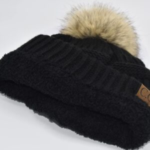 C.C Trendy Fuzzy Sherpa Fleece Lined Warm Soft Stretch Cable Knit Faux Fur Pom Pom Skull Cap Cuff Beanie Hat