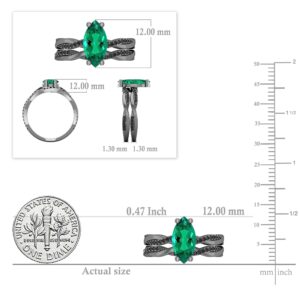 Dazzlingrock Collection 12X6 mm Lab Created Marquise Emerald & Round Black Diamond Bridal Ring Set in Black Plated 10K White Gold, Size 8.5