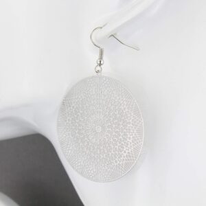 Silver filigree round disc earrings medallion 1 5/8 inches wide very lightweight circle cut out lace pattern