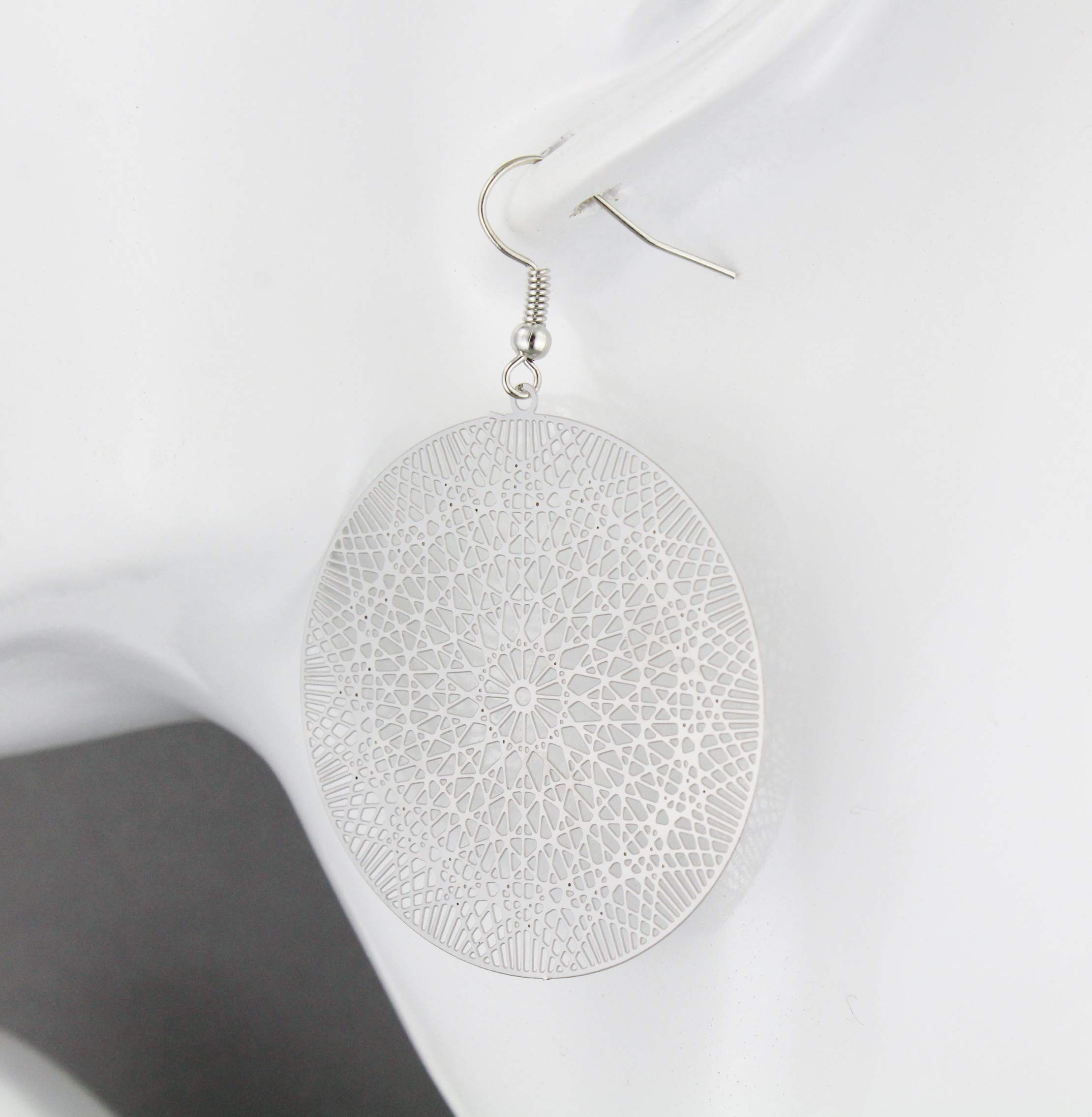 Silver filigree round disc earrings medallion 1 5/8 inches wide very lightweight circle cut out lace pattern