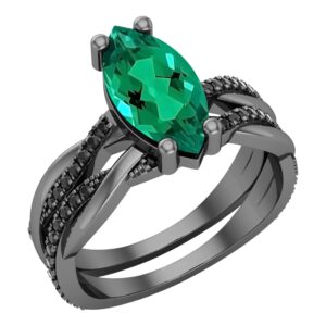 dazzlingrock collection 12x6 mm lab created marquise emerald & round black diamond bridal ring set in black plated 10k white gold, size 8.5