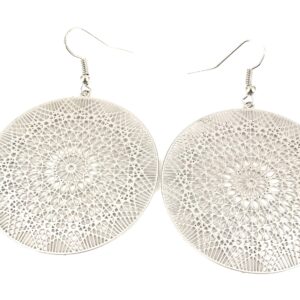 Silver filigree round disc earrings medallion 1 5/8 inches wide very lightweight circle cut out lace pattern