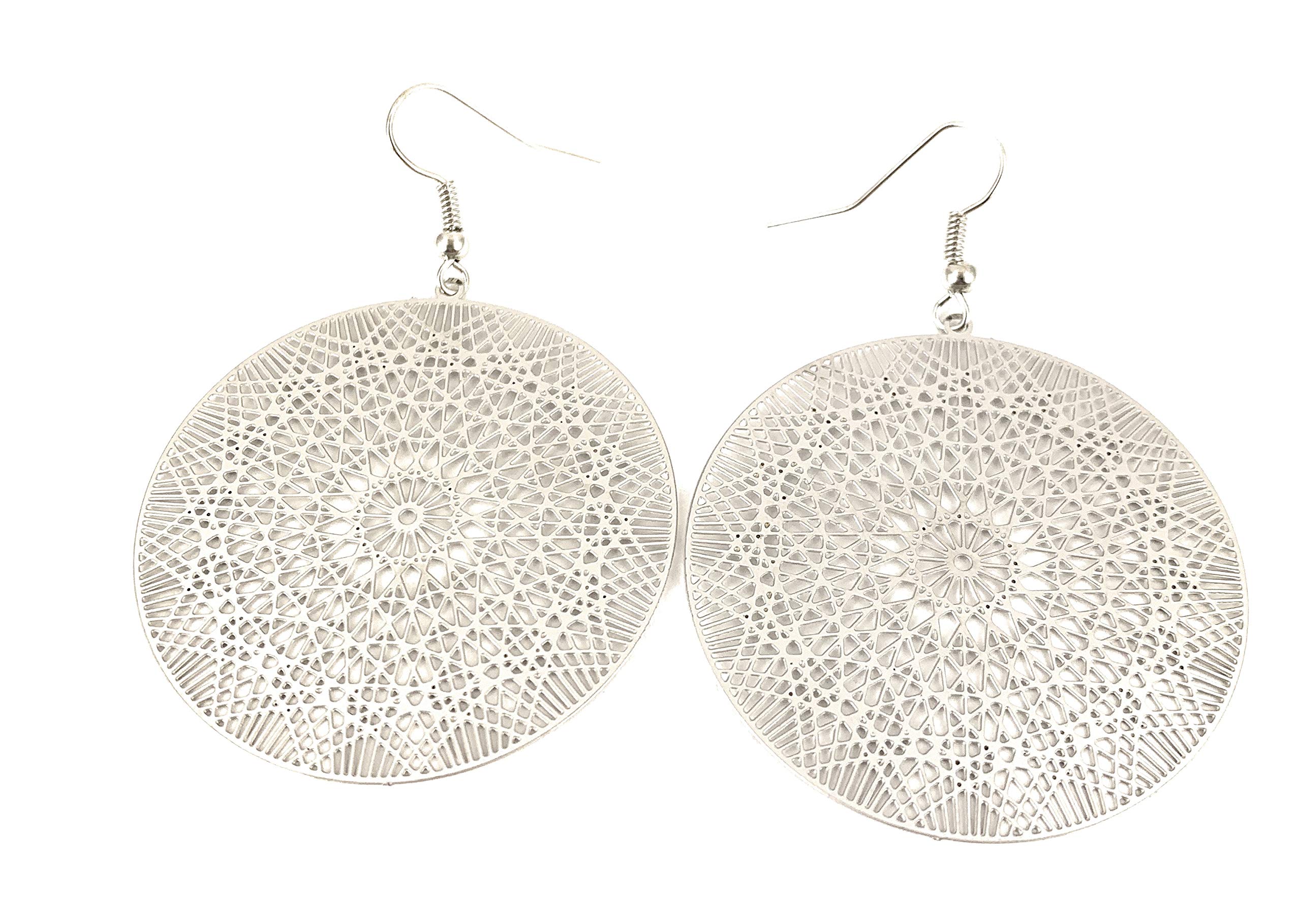 Silver filigree round disc earrings medallion 1 5/8 inches wide very lightweight circle cut out lace pattern