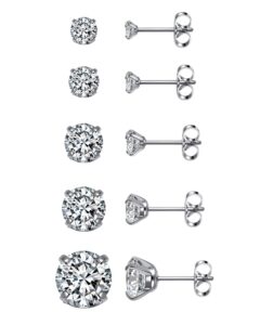 jovivi 20g hypoallergenic stainless steel cubic zirconia silver stud earrings set for women, 5 paris, 3mm-8mm