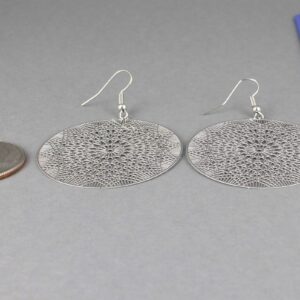 Silver filigree round disc earrings medallion 1 5/8 inches wide very lightweight circle cut out lace pattern