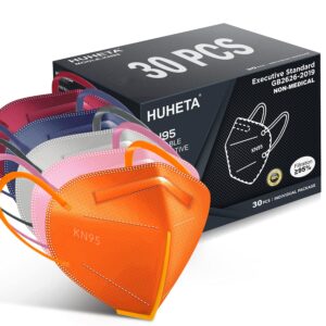 huheta kn95 face mask, 30 pack individually wrapped, 5-ply breathable and comfortable safety mask, filter efficiency over 95%, protective cup dust masks against pm2.5 (multicolored mask)