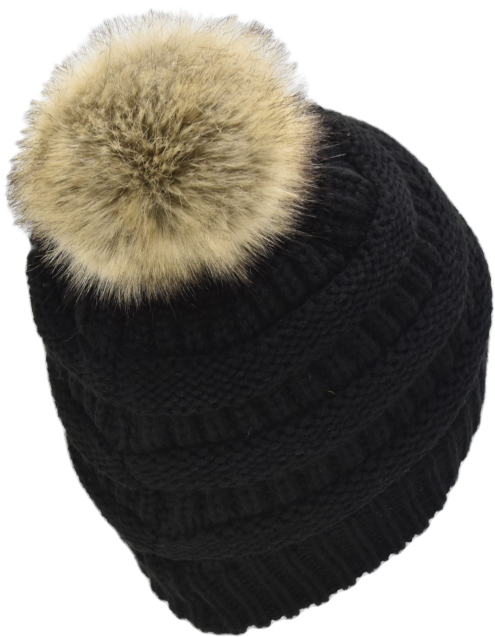 C.C Trendy Fuzzy Sherpa Fleece Lined Warm Soft Stretch Cable Knit Faux Fur Pom Pom Skull Cap Cuff Beanie Hat