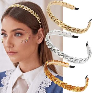 awaytr hairband, 3pcs chained reactions headband for women girls - resin-gold/resin-silver/resin-amber