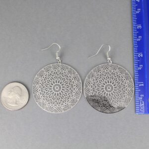 Silver filigree round disc earrings medallion 1 5/8 inches wide very lightweight circle cut out lace pattern