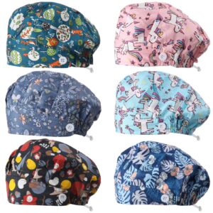 syhood 6 pieces button bouffant hats working caps adjustable printed sweatband caps for women men nursing surgical caps with button (unicorn style) multicoloured