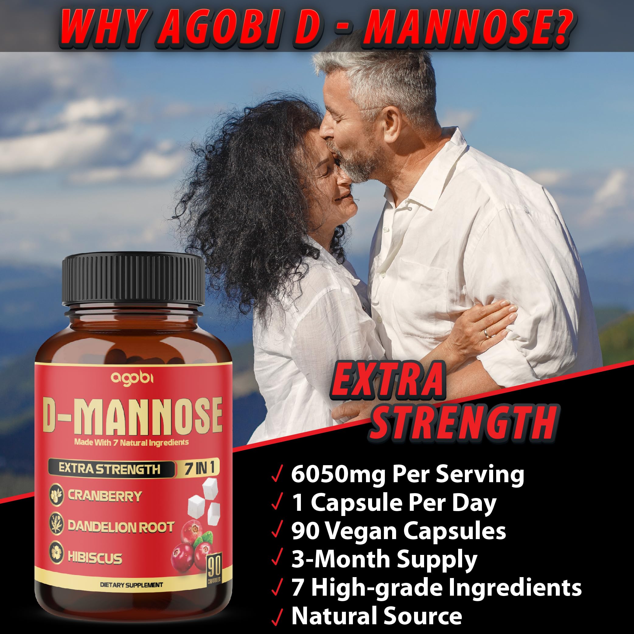 D-Mannose Capsules - 7 Herbs with Cranberry, Dandelion, Hibiscus and More - Support Flush Impurities and Urinary Tract Health - 90 Vegan Capsules 3-Month Supply