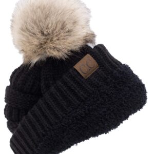 C.C Trendy Fuzzy Sherpa Fleece Lined Warm Soft Stretch Cable Knit Faux Fur Pom Pom Skull Cap Cuff Beanie Hat