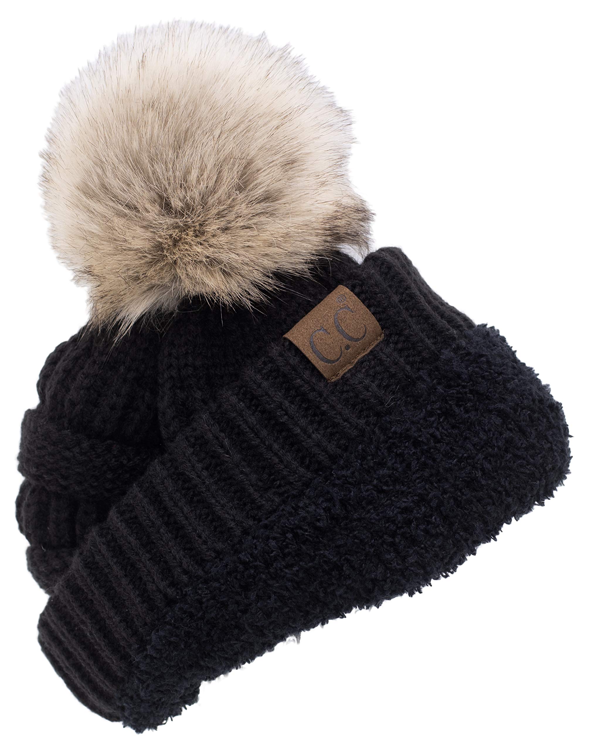 C.C Trendy Fuzzy Sherpa Fleece Lined Warm Soft Stretch Cable Knit Faux Fur Pom Pom Skull Cap Cuff Beanie Hat