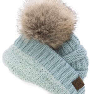 C.C Trendy Fuzzy Sherpa Fleece Lined Warm Soft Stretch Cable Knit Ribbed Faux Fur Pom Skull Cap Beanie Hat