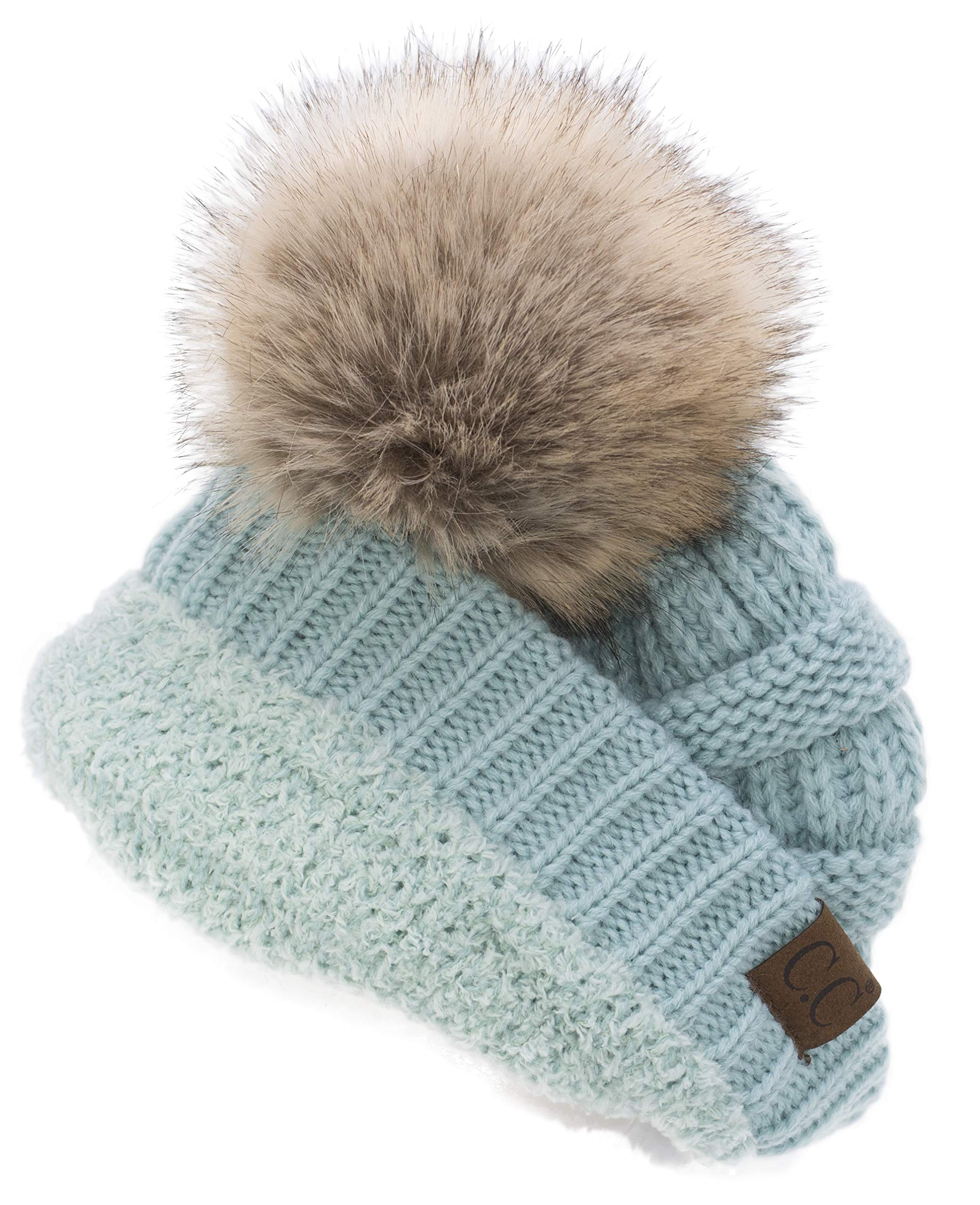 C.C Trendy Fuzzy Sherpa Fleece Lined Warm Soft Stretch Cable Knit Ribbed Faux Fur Pom Skull Cap Beanie Hat