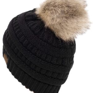 C.C Trendy Fuzzy Sherpa Fleece Lined Warm Soft Stretch Cable Knit Faux Fur Pom Pom Skull Cap Cuff Beanie Hat