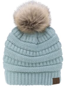 c.c trendy fuzzy sherpa fleece lined warm soft stretch cable knit ribbed faux fur pom skull cap beanie hat