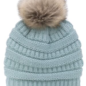 C.C Trendy Fuzzy Sherpa Fleece Lined Warm Soft Stretch Cable Knit Ribbed Faux Fur Pom Skull Cap Beanie Hat