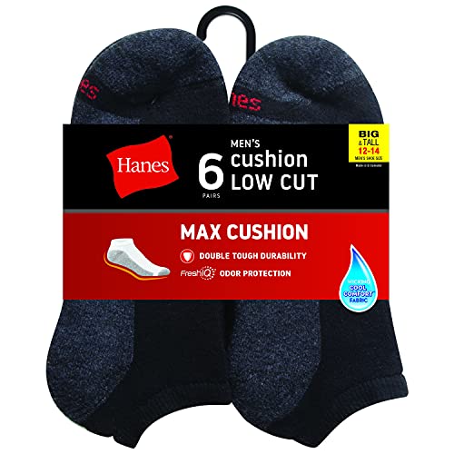 Hanes mens Socks, 6-pair Pack Max Cushion Low Cut, Black/Grey Foot Bottom, 6 12 US