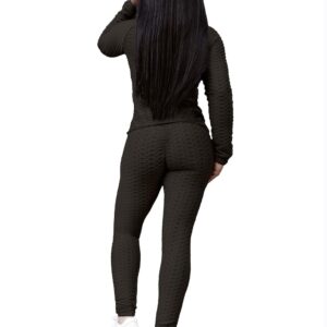 KANSOON Jogging Suits for Women, Textured 2 Piece Outfit Long Sleeve Full Zip Jacket Skinny Pants Tracksuit Set Black L