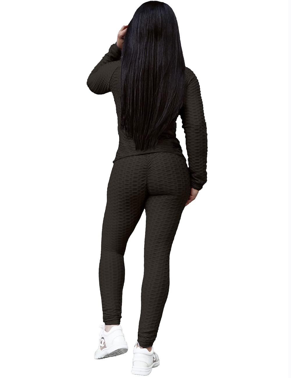 KANSOON Jogging Suits for Women, Textured 2 Piece Outfit Long Sleeve Full Zip Jacket Skinny Pants Tracksuit Set Black L