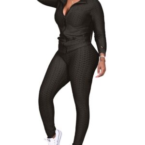 KANSOON Jogging Suits for Women, Textured 2 Piece Outfit Long Sleeve Full Zip Jacket Skinny Pants Tracksuit Set Black L