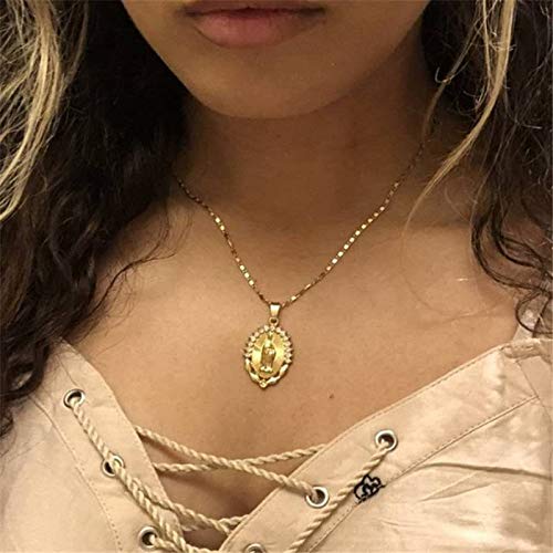 SIPELATY 18K Gold Plated Virgin Mary Pendant Necklace Crystal Rhinestone Encircled Miraculous Medal Pendant Necklace For Women