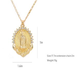 SIPELATY 18K Gold Plated Virgin Mary Pendant Necklace Crystal Rhinestone Encircled Miraculous Medal Pendant Necklace For Women