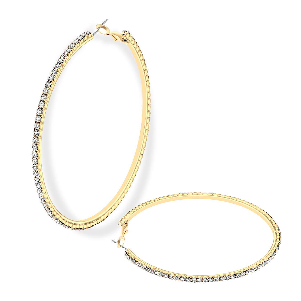 NLCAC 14K Gold Plated Big Hoop Earrings-3 Pairs Gold Hoops Crystal Rhinestone Hoop Earrings Set 50mm 60mm 70mm (Gold)