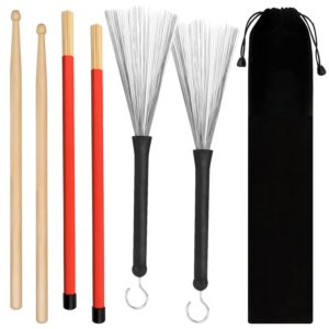 tbrand drum sticks 1 pair 5a maple wood drum sticks,1 pair retractable drum wire brushes and 1 pair rods drum brushes set for kids, adults, rock band, jazz folk students with portable storage bag