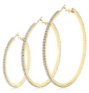 nlcac 14k gold plated big hoop earrings-3 pairs gold hoops crystal rhinestone hoop earrings set 50mm 60mm 70mm (gold)