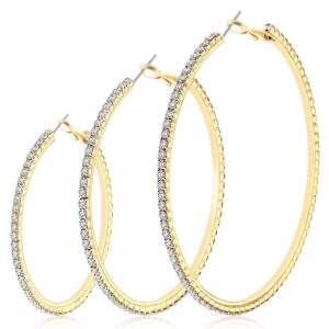 NLCAC 14K Gold Plated Big Hoop Earrings-3 Pairs Gold Hoops Crystal Rhinestone Hoop Earrings Set 50mm 60mm 70mm (Gold)