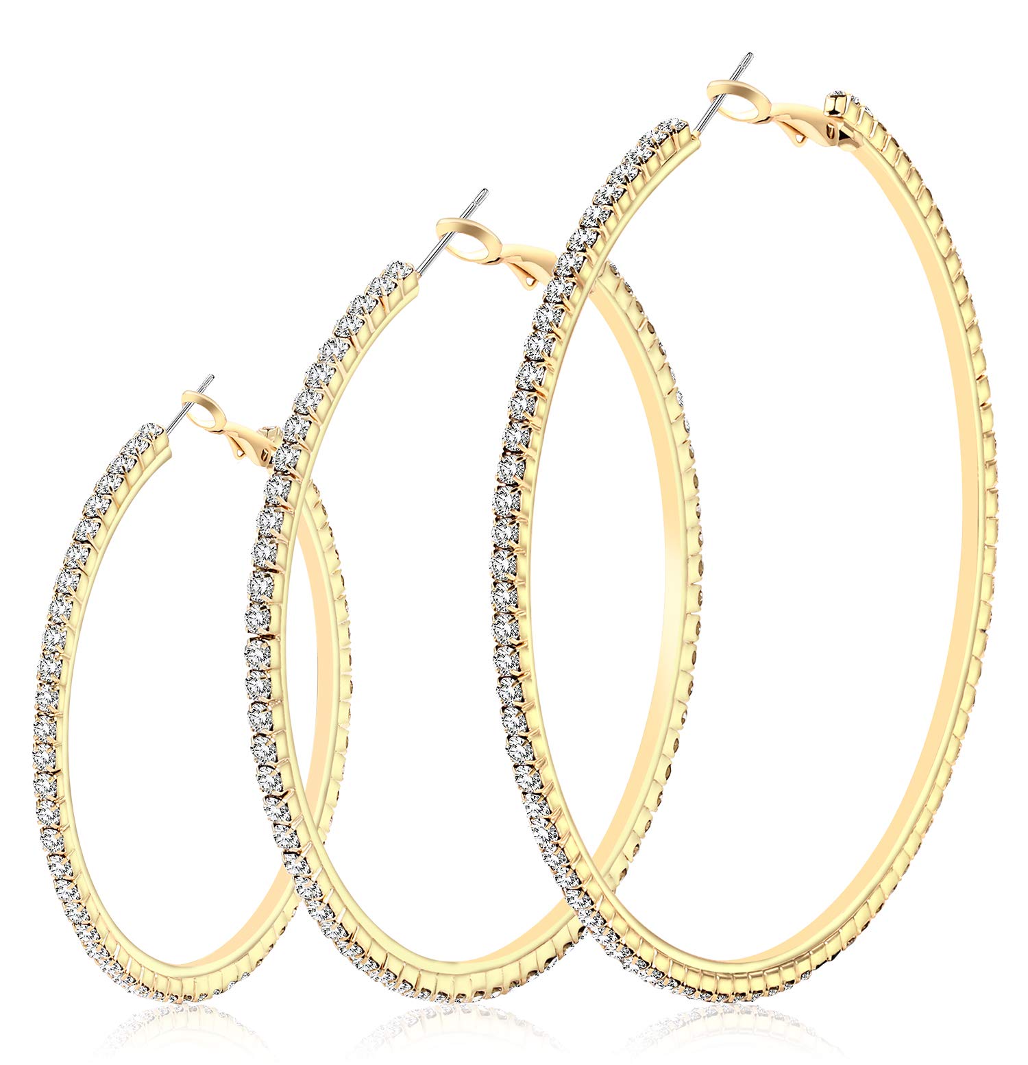 NLCAC 14K Gold Plated Big Hoop Earrings-3 Pairs Gold Hoops Crystal Rhinestone Hoop Earrings Set 50mm 60mm 70mm (Gold)