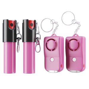 armadillo defense pepper spray and personal alarm key chain bundle (4 pack) for protection and self defense, safeguard for women and men, tear gas and panic button (pink)