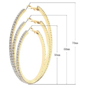 NLCAC 14K Gold Plated Big Hoop Earrings-3 Pairs Gold Hoops Crystal Rhinestone Hoop Earrings Set 50mm 60mm 70mm (Gold)