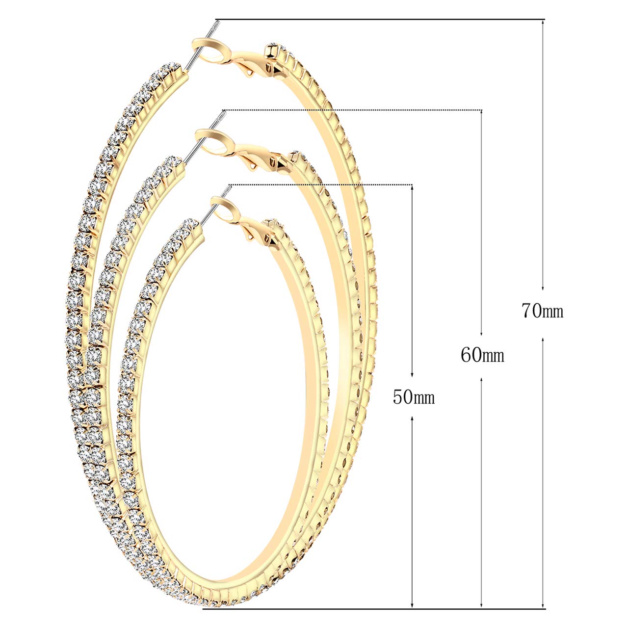 NLCAC 14K Gold Plated Big Hoop Earrings-3 Pairs Gold Hoops Crystal Rhinestone Hoop Earrings Set 50mm 60mm 70mm (Gold)