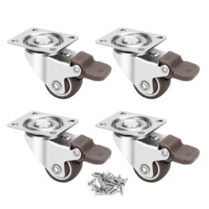 1-inch casters set of 4, small low profile caster with locking brake & 360° plate, total loads of 100 lb furniture transfers castor wheels, rubber wheel to protect the floor or carpet from scratches.