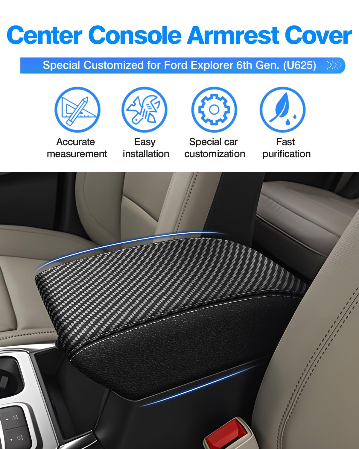 Autorder Center Console Cover for Ford Explorer 2020 2021 2022 2023 2024 Accessories Armrest Cover Carbon Fiber Anti-Scratch Middle Console Pad Leather Armrest Protector