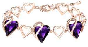 leafael 18k rose gold plated love heart link bracelet with dark amethyst pink healing stone crystal for creativity, jewelry gifts for women, 7" chain + 2" extender