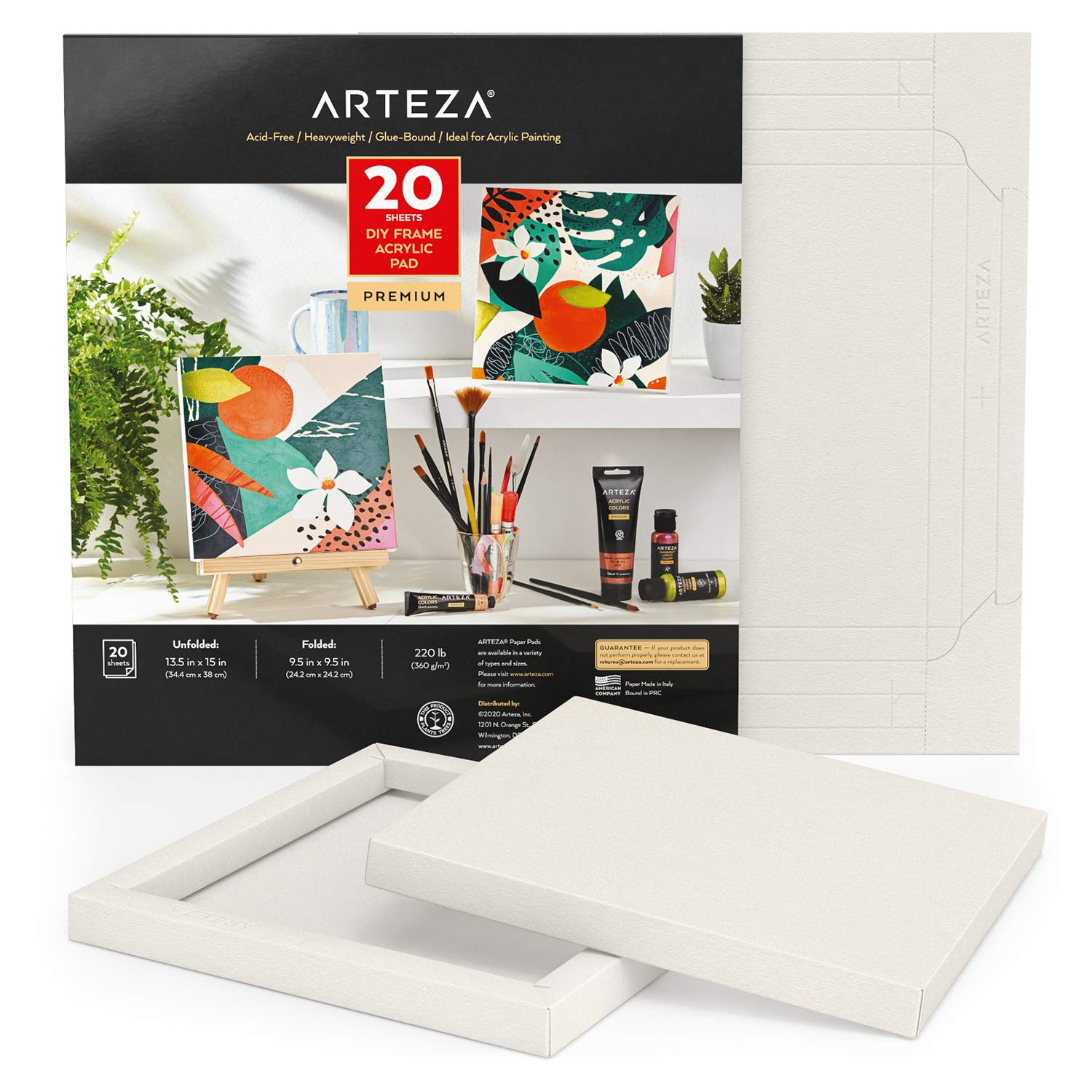 ARTEZA Acrylic Paper Foldable Canvas Pad, 9.5x9.5 Inches, 20 Sheets, DIY Frame