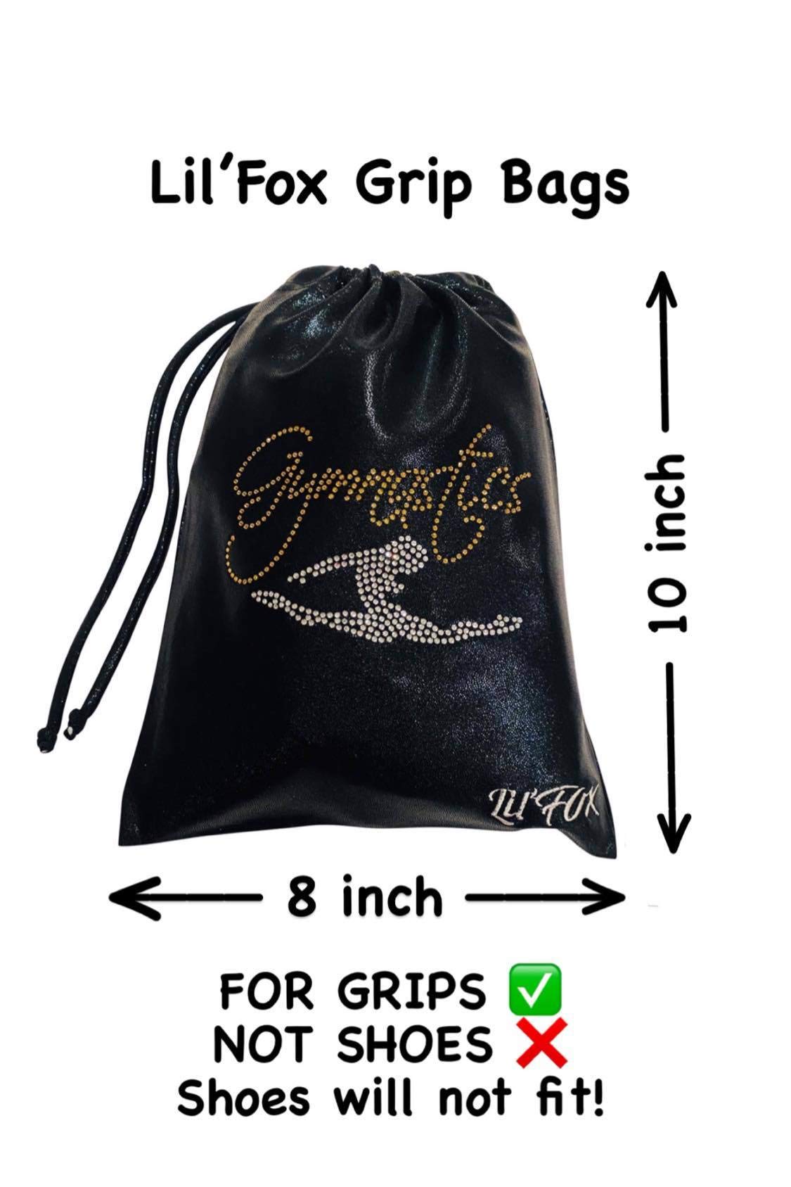 LIL'FOX 8"x10" Drawstring Gymnastics SMALL GRIP BAG 26x20cm | Lightweight Bag for Personal Equipment | Shiny Foil Rhinestones