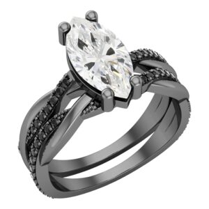 dazzlingrock collection 12x6 mm lab created marquise white sapphire & round black diamond bridal ring set in black plated sterling silver, size 10