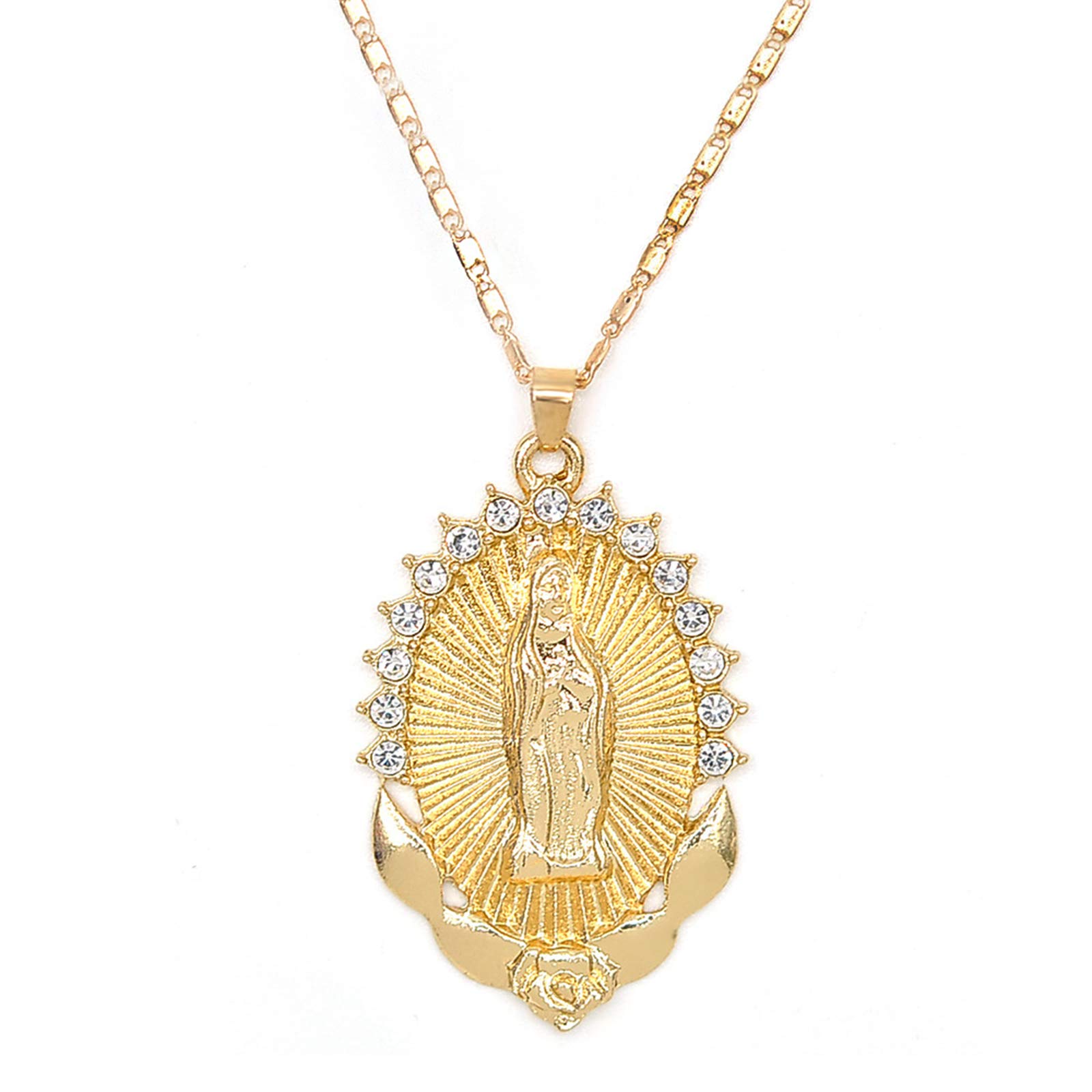 SIPELATY 18K Gold Plated Virgin Mary Pendant Necklace Crystal Rhinestone Encircled Miraculous Medal Pendant Necklace For Women