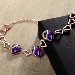 Leafael 18K Rose Gold Plated Love Heart Link Bracelet with Dark Amethyst Pink Healing Stone Crystal for Creativity, Jewelry Gifts for Women, 7" Chain + 2" Extender